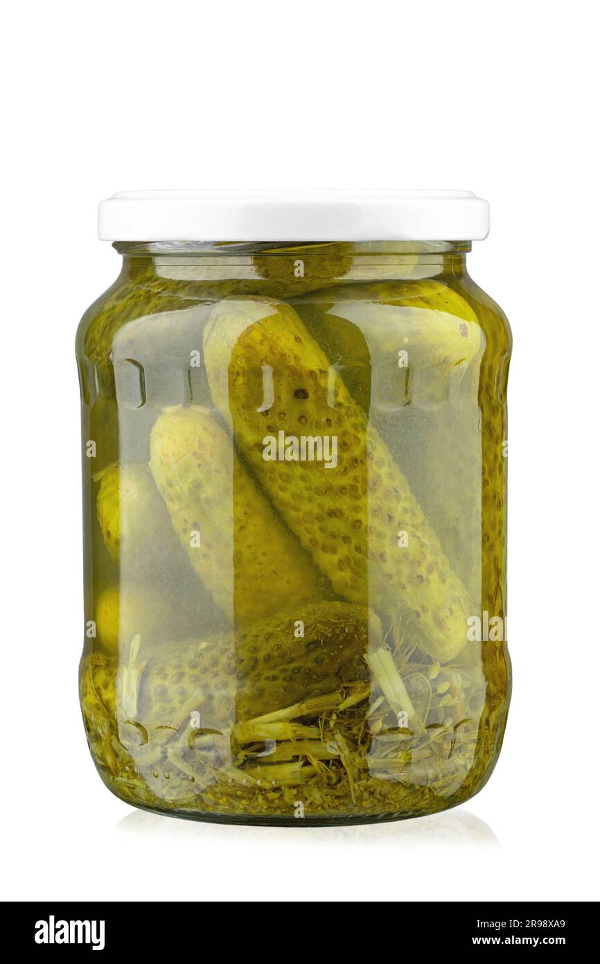 Canned cucumbers in a jar. Isolated on white background. File contains ...