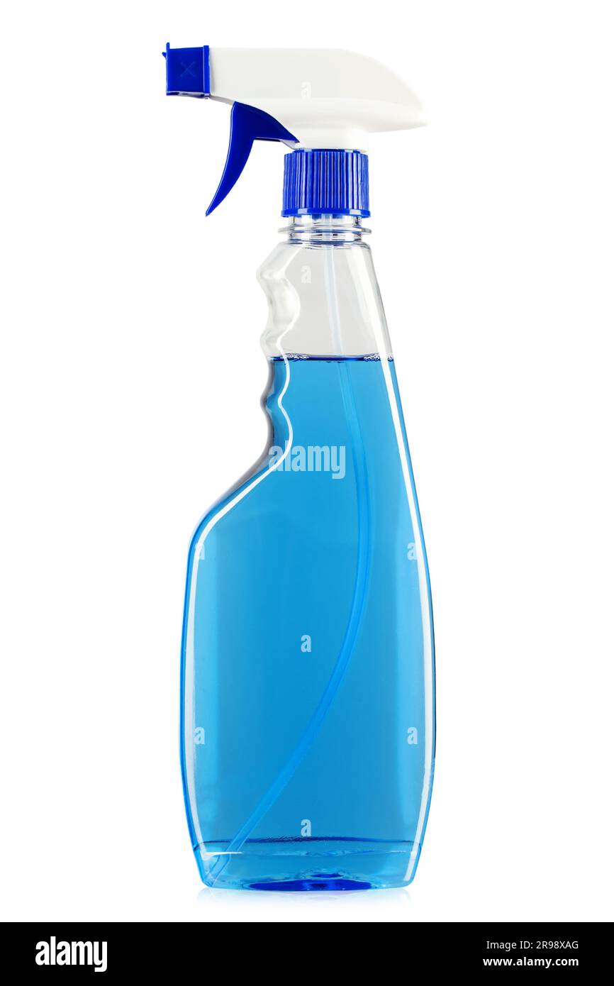 Blue detergent in a spray bottle. Isolated on white background. File ...