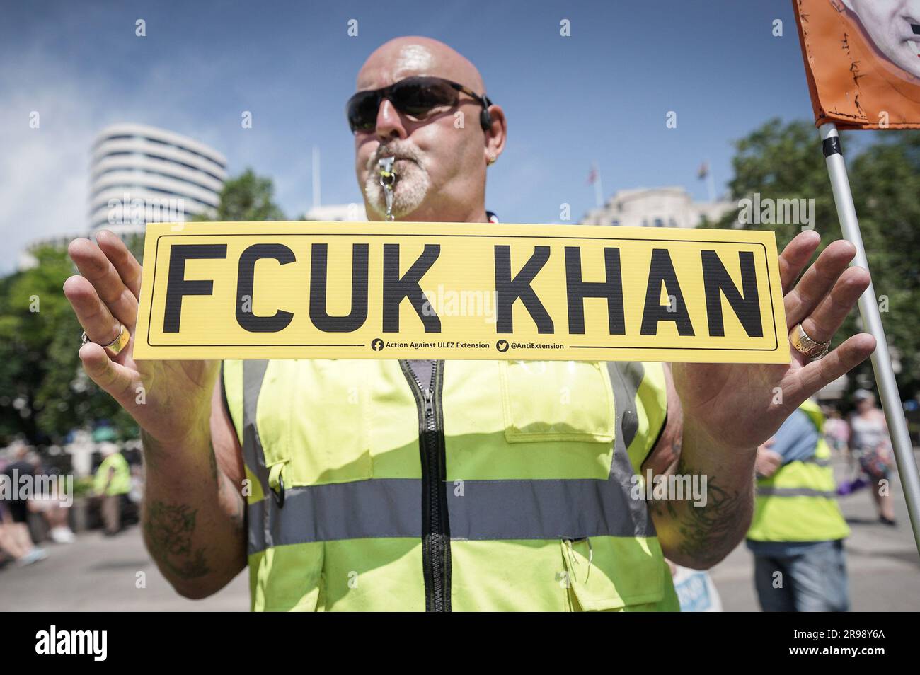 London, UK. 25th June 2023. No to Ulez. Protesters gather at Marble ...