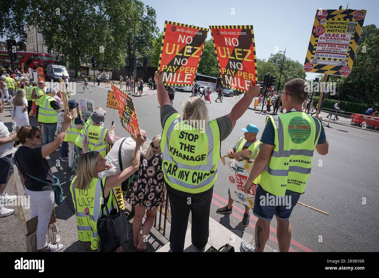 London, UK. 25th June 2023. No to Ulez. Protesters gather at Marble ...
