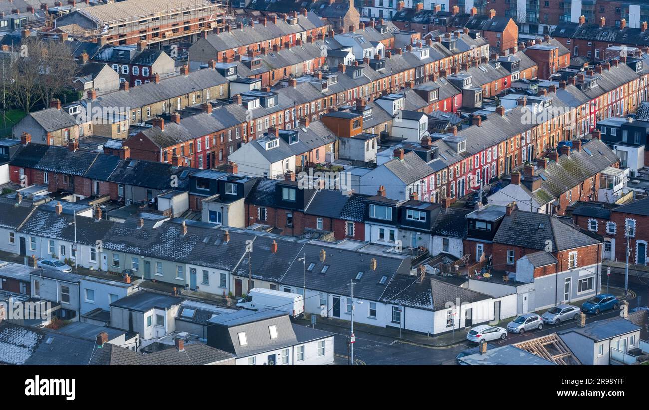 An aerial view of terraced red brick houses in Dublin city center Stock ...