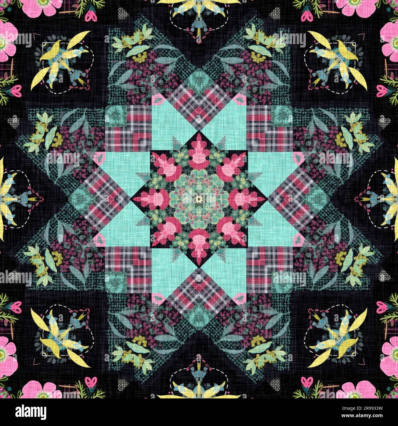 Boho patchwork flower pattern with a gypsy retro style. Repeatable ...