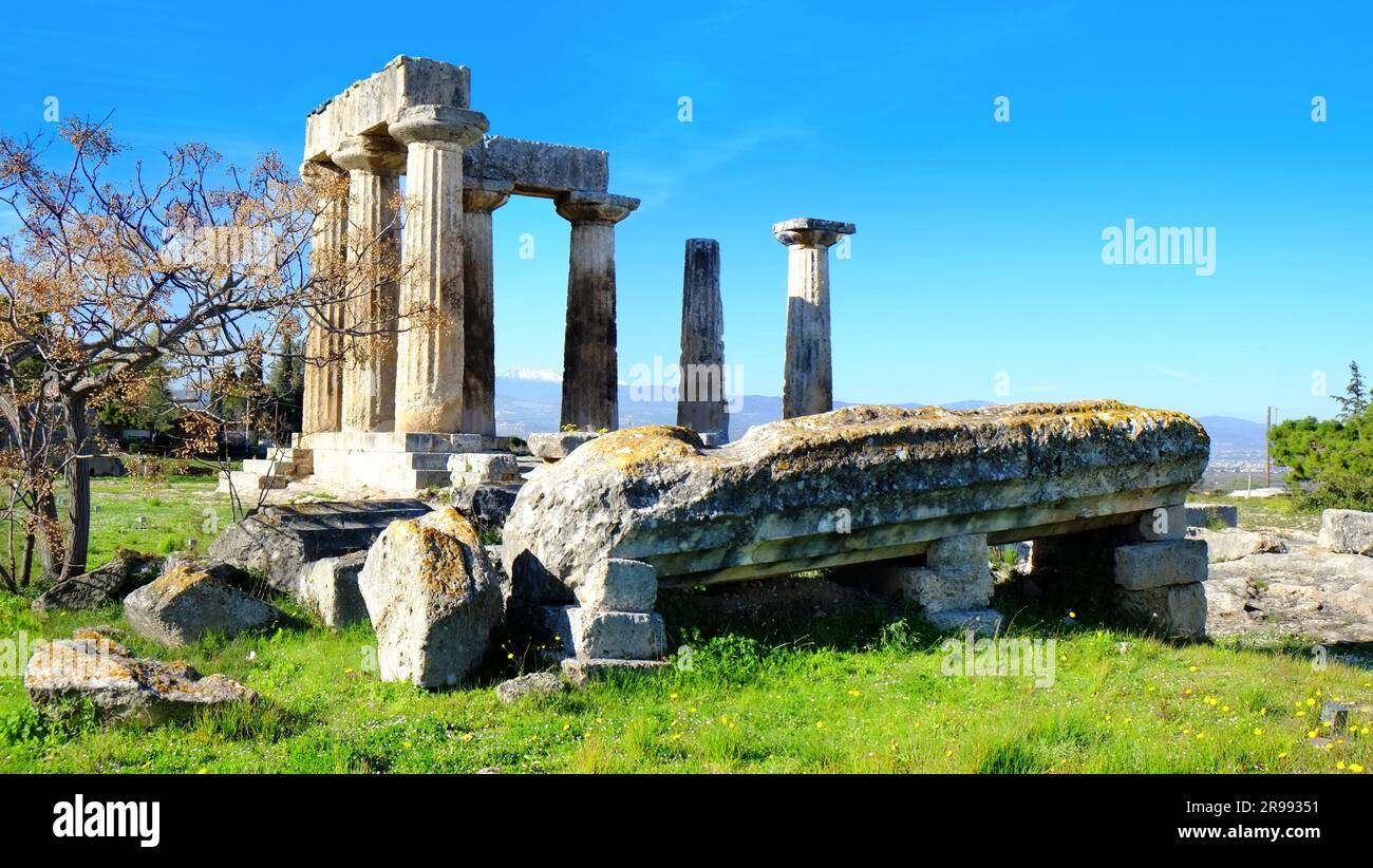 The ruins of the ancient Greek temple in Corinth. Greece Stock Photo ...