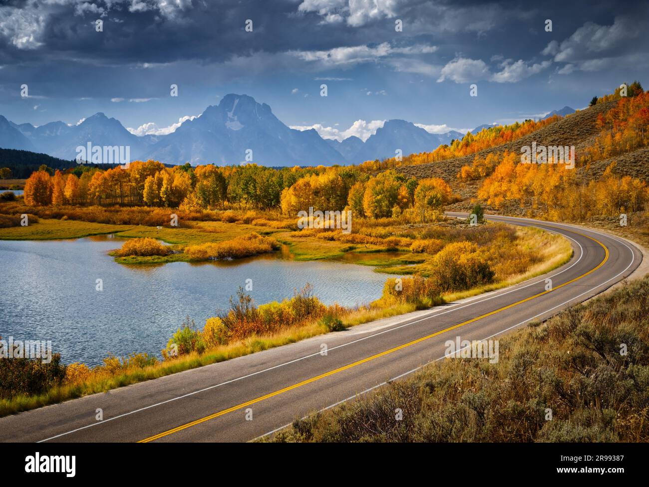 Scenic highway, autumn aspens and the Teton Mountains, Grand Teton ...