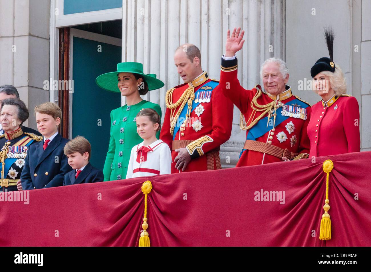 The British Royal Family on the Buckingham Palace balcony to watch the Trooping the Colour fly ...