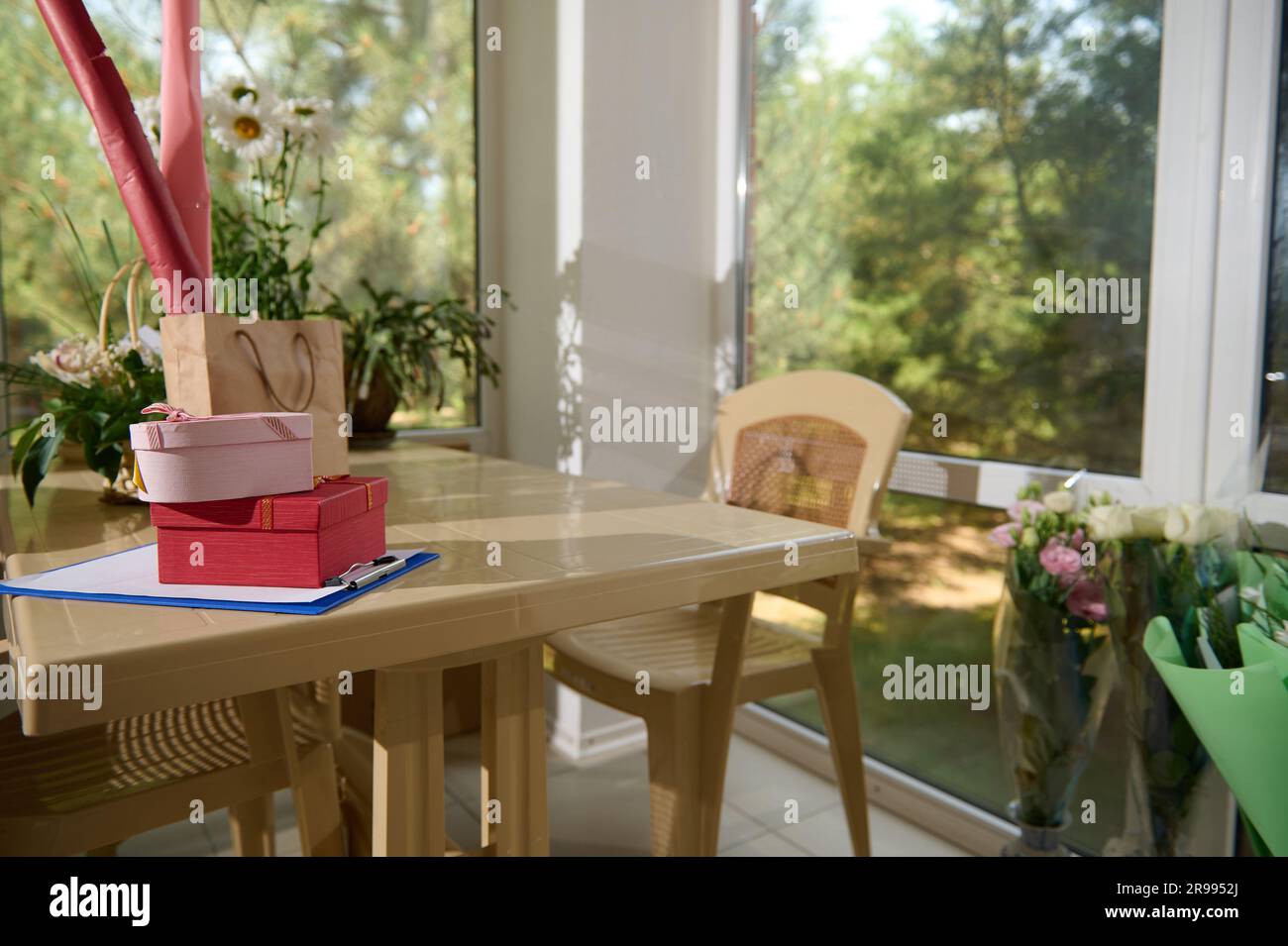 Small business. Flower shop interior. Floral design studio, decorations ...