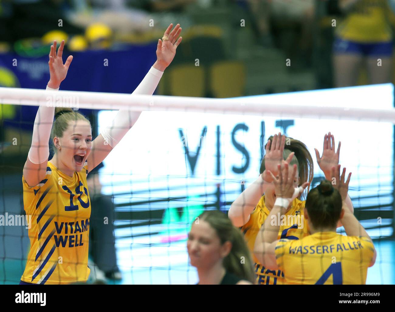 Sweden's Isabelle Haak celebrates a pointduring the Golden League ...