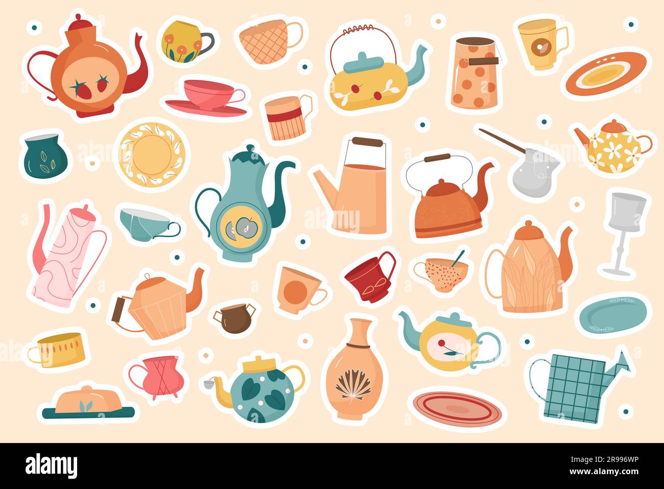 Cartoon cute colored glass and ceramic crockery with different pattern ...