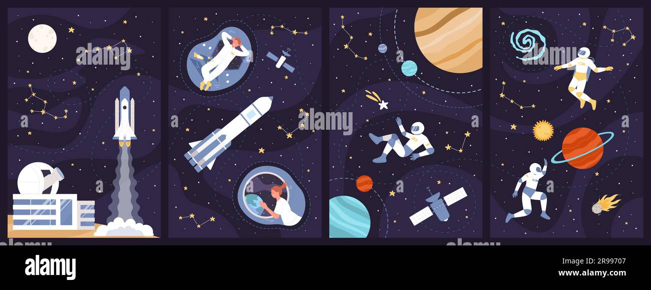 Space explorers travel set vector illustration. Cartoon astronauts in ...