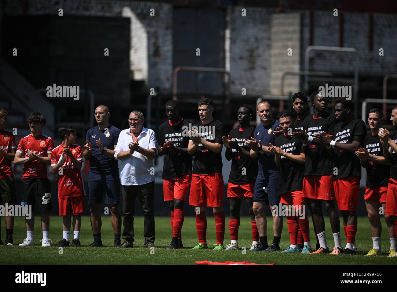 Mons, Belgium. 25th June, 2023. Illustration shows a tribute to Mons ...