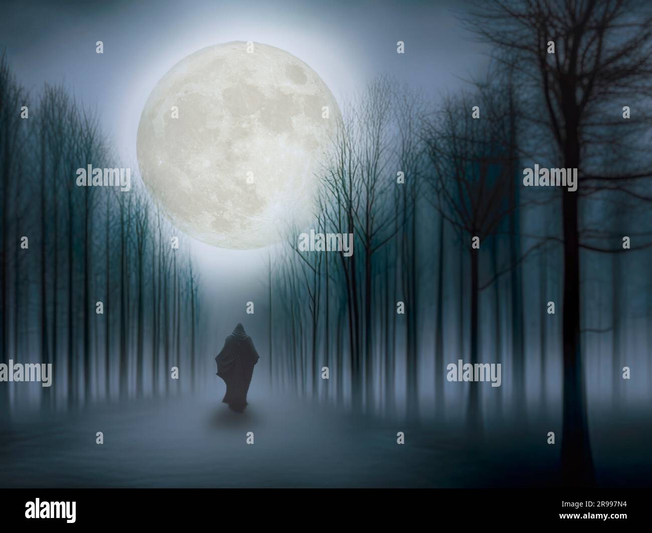 Intriguing figure in a forest path on a spooky misty full moon night ...