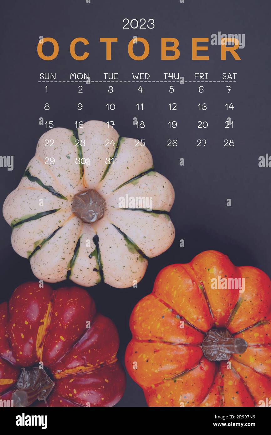 October 2023 Calendar and pumpkins on black cardboard background Stock ...