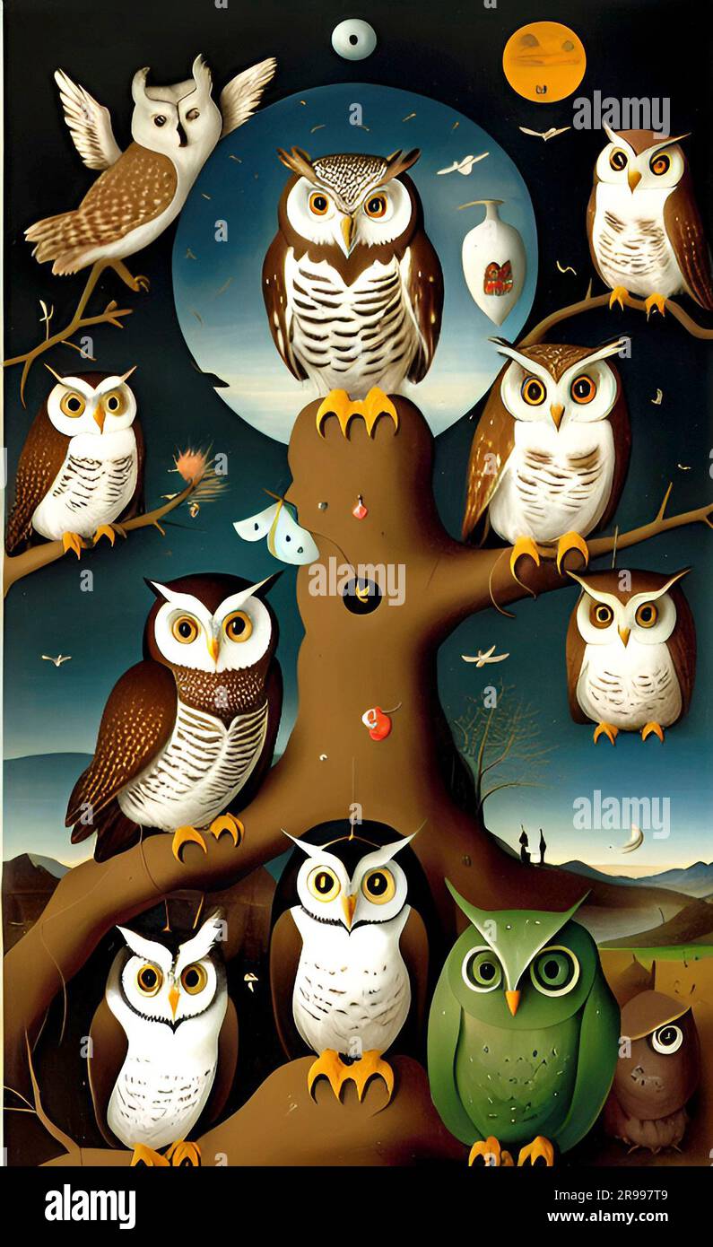Owls tree art hi-res stock photography and images - Alamy