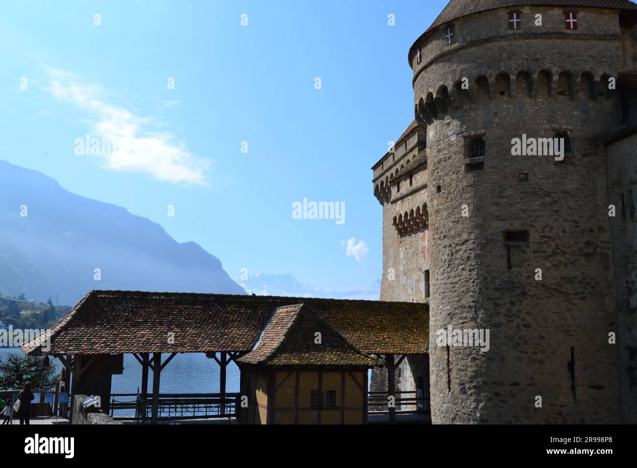 Chillon Castle, Lake Geneva, Lac Leman near Montreux, Switzerland on a ...