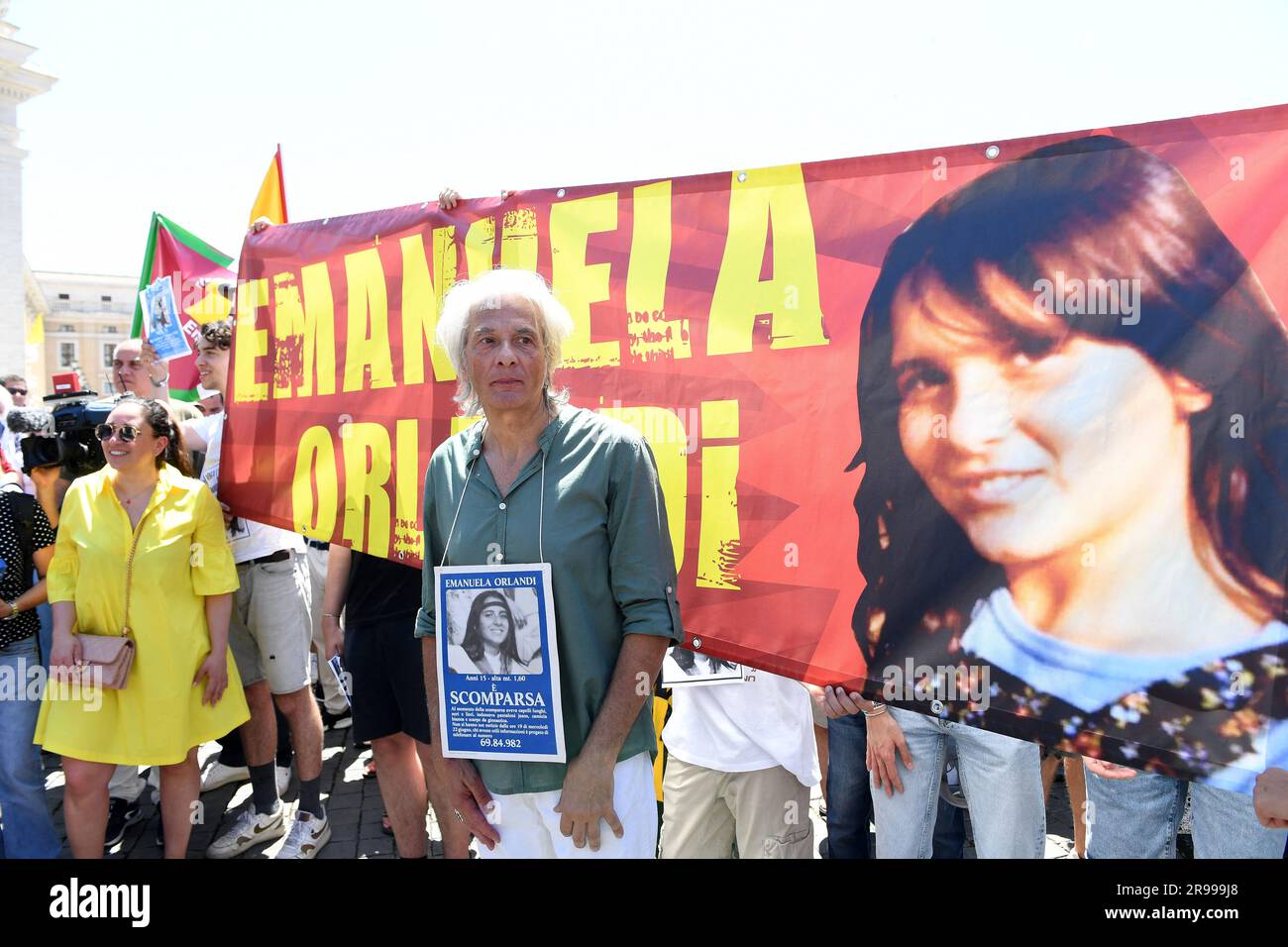 Emanuela Orlandi's brother Pietro Orlandi holds a placard with Emanuela ...