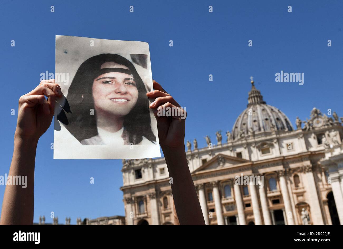 People hold placards with Emanuela Orlandi's portrait during Pope ...