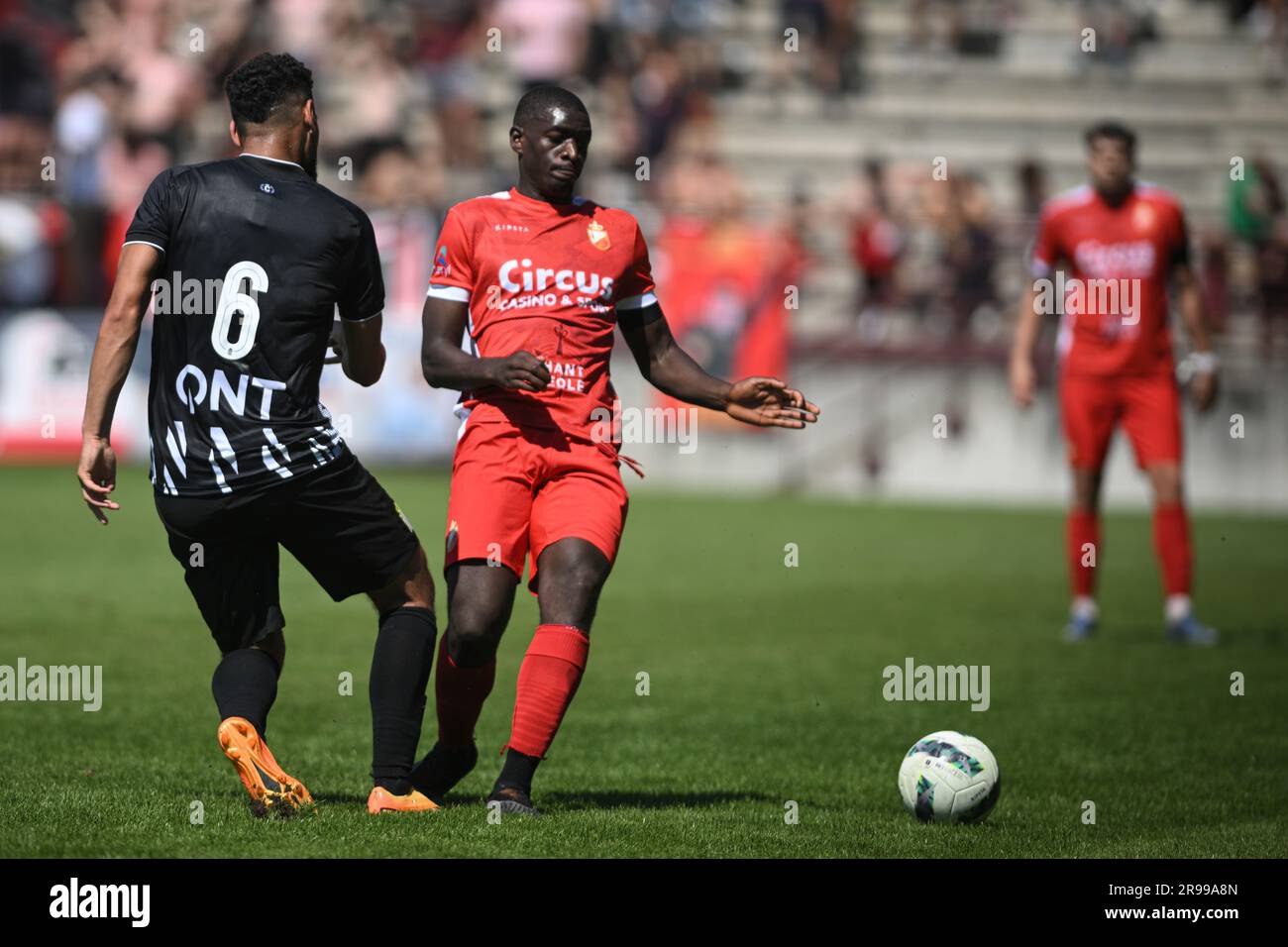 Mons, Belgium. 25th June, 2023. Charleroi's Adem Zorgane and Mons ...