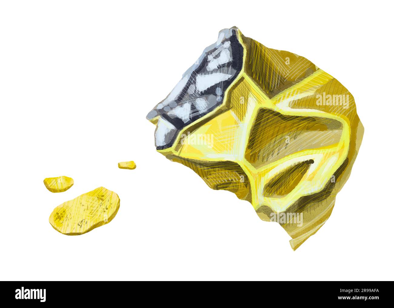 Color illustration of an open and crumpled package of chips. Hand drawn ...