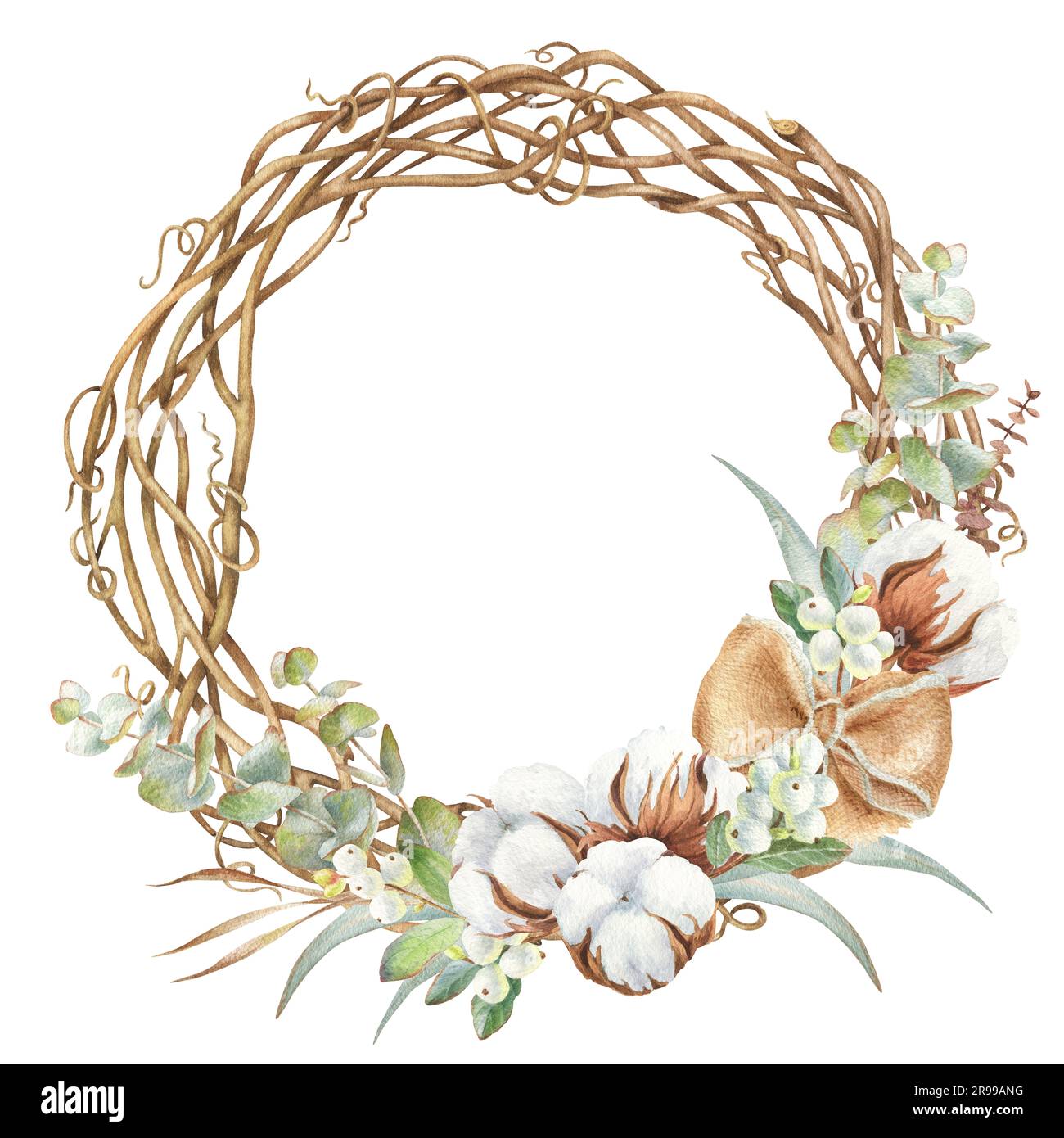 Watercolor wreath of vine with cotton, eucalyptus, snowberries and bow ...