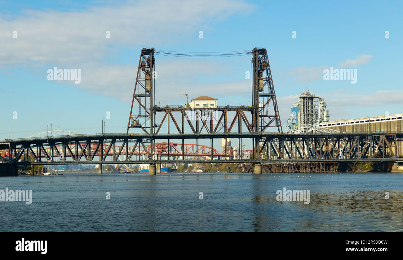 An aerial view of an empty street metal bridge: Portland, Oregon Stock ...