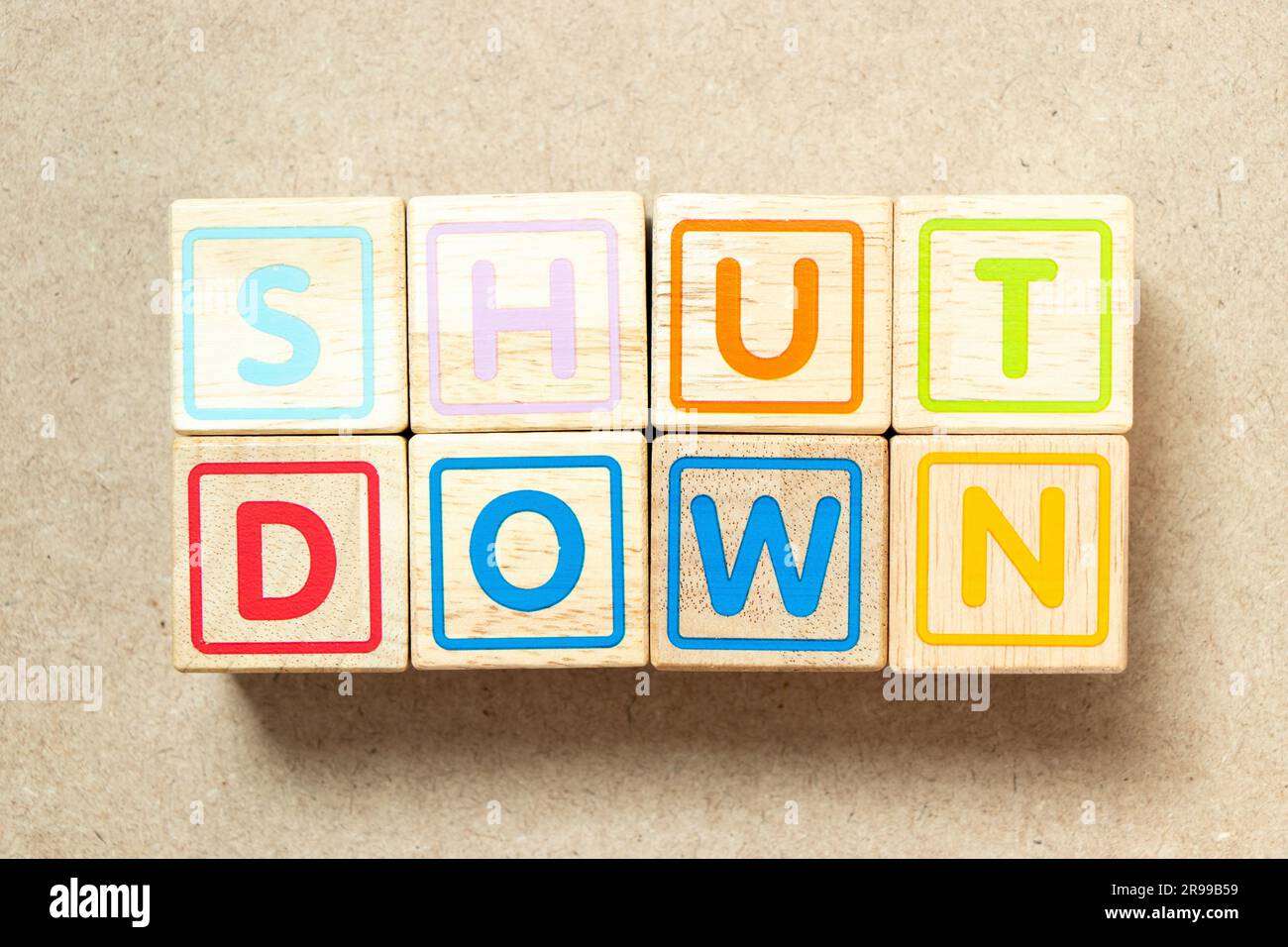 Wooden alphabet letter block in word shut down on wood background Stock ...