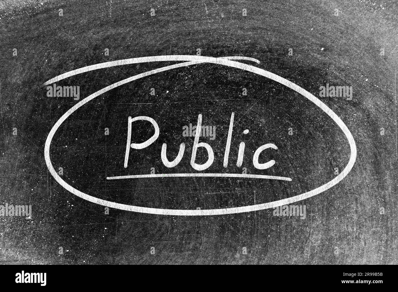 White chalk hand writing in word public and circle shape on blackboard ...