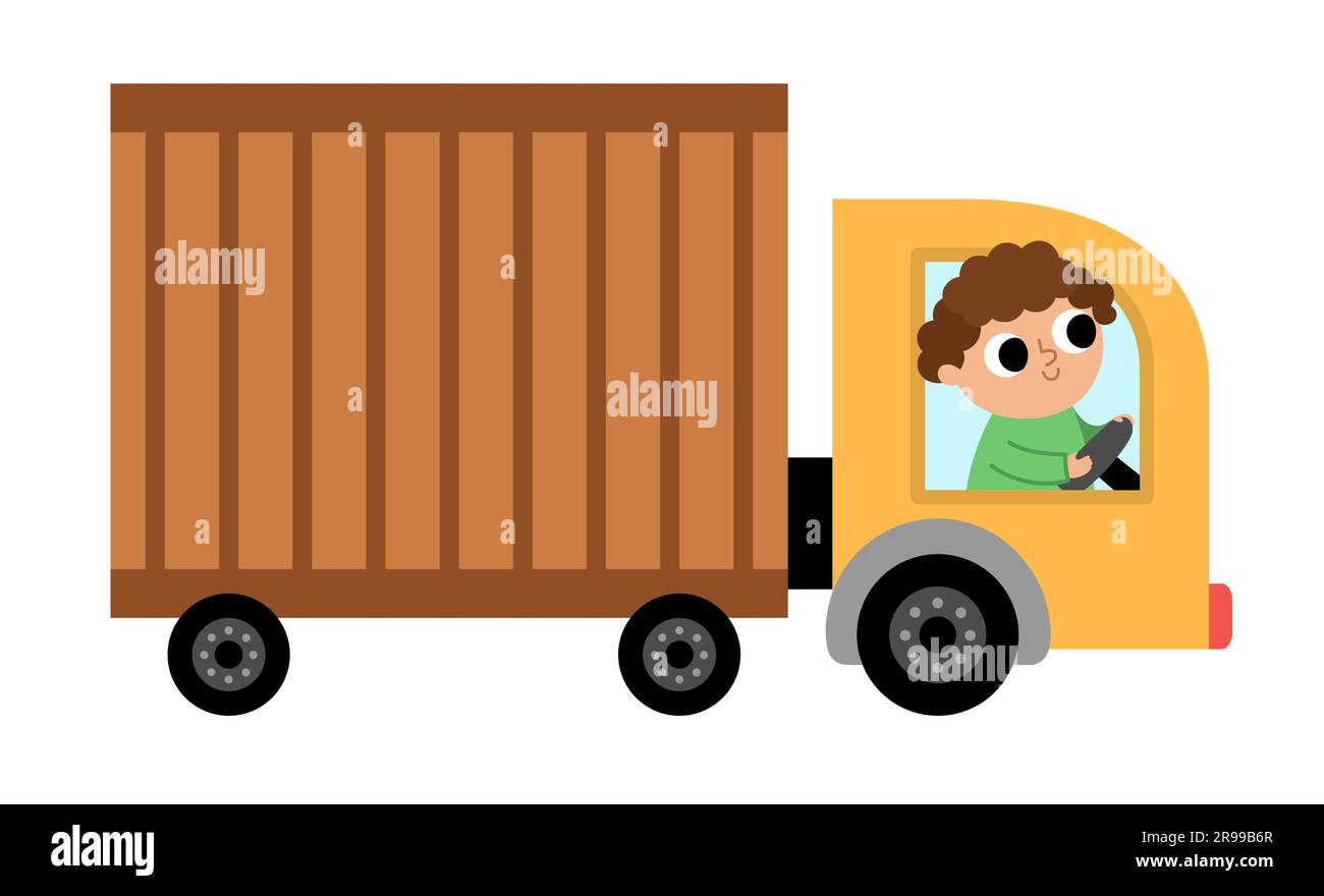 Vector brown truck car with driver. Funny automobile for kids. Cute ...