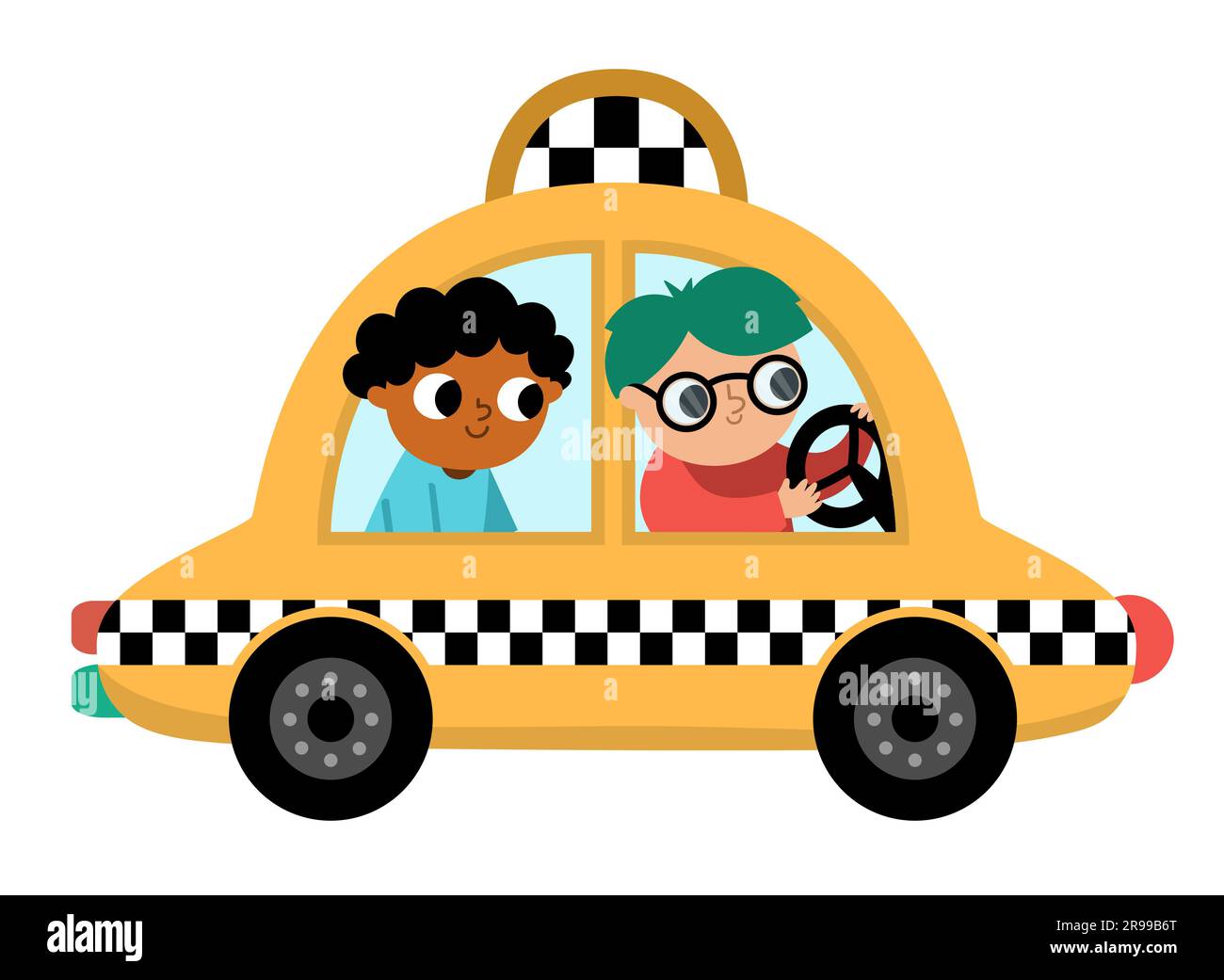 Vector yellow taxi car with driver and passenger. Funny cab for kids ...