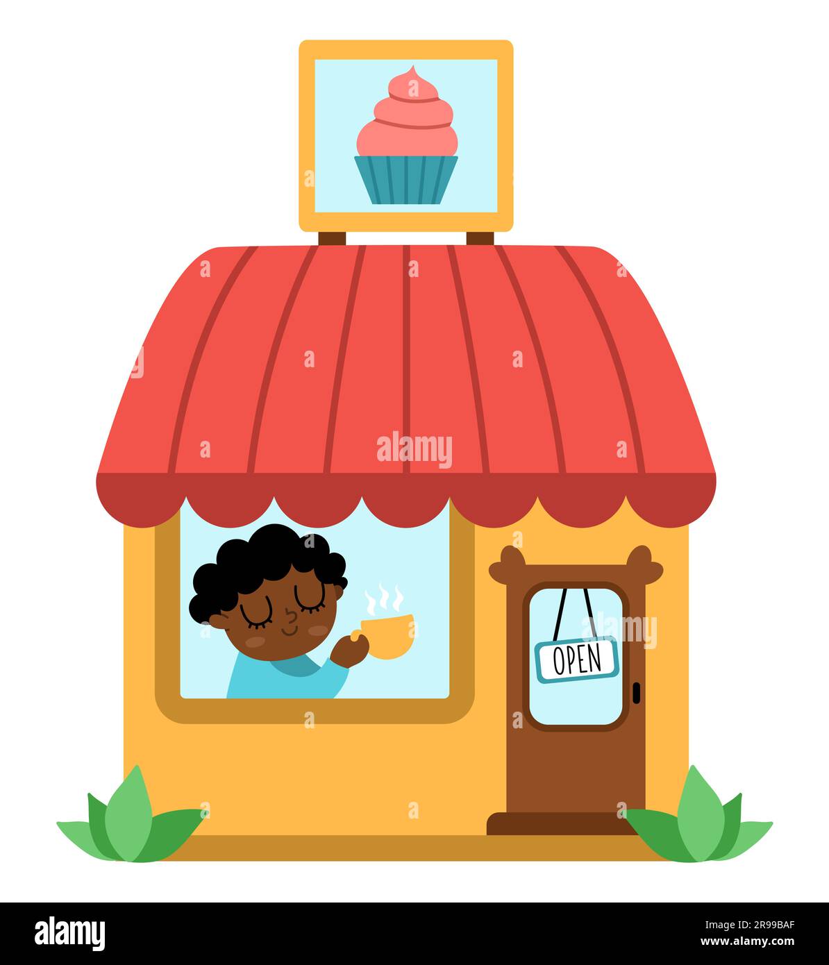 Vector cozy cafe with man drinking tea isolated on white background ...