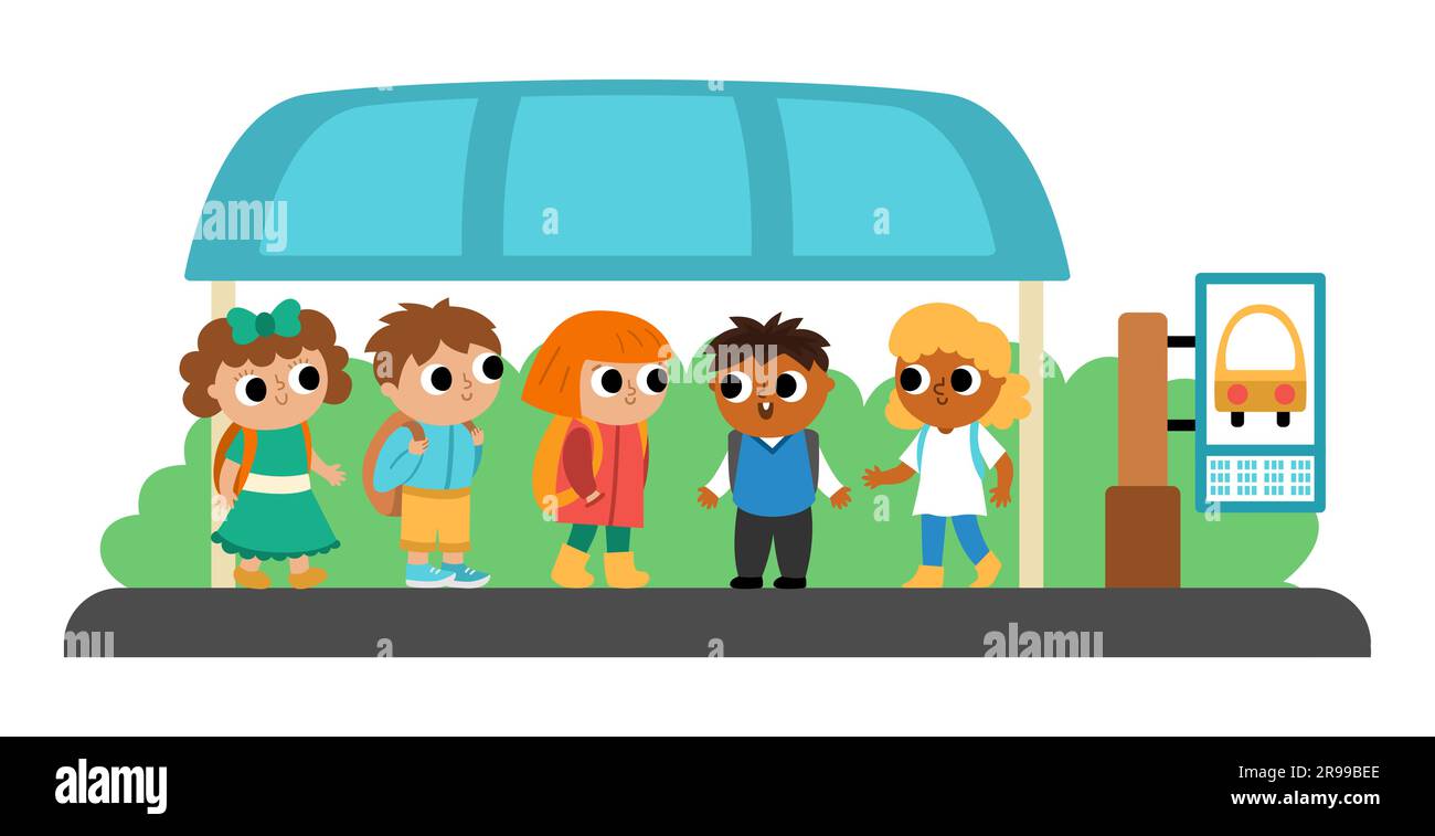 Children on a busstop waiting for the school bus. Vector bus stop icon ...