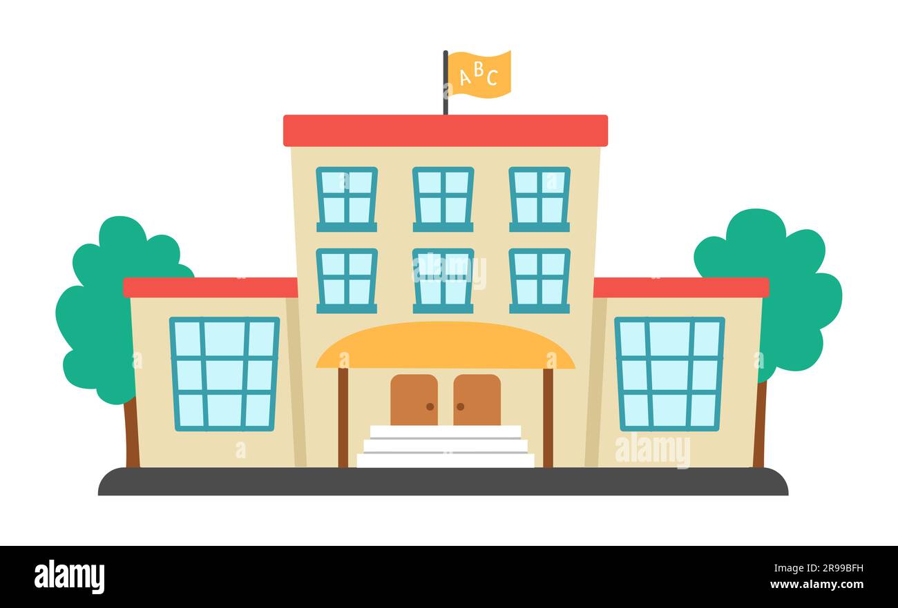 Vector school building with trees and flag isolated on white background ...