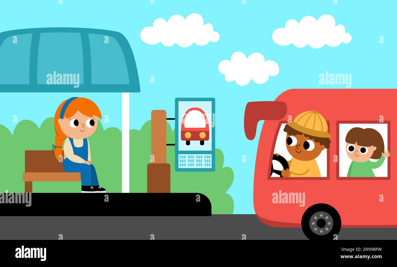 Vector horizontal scene with girl sitting on a stop and arriving bus ...