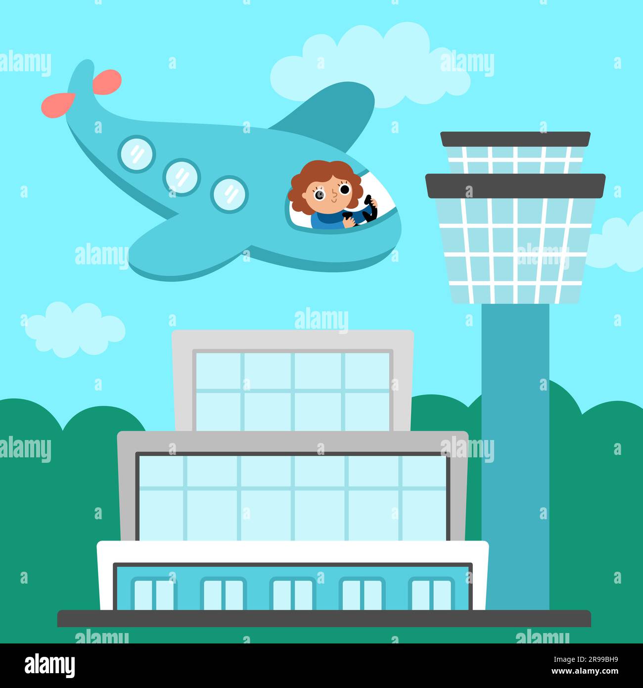 Vector square scene with girl flying airplane and airport and control ...