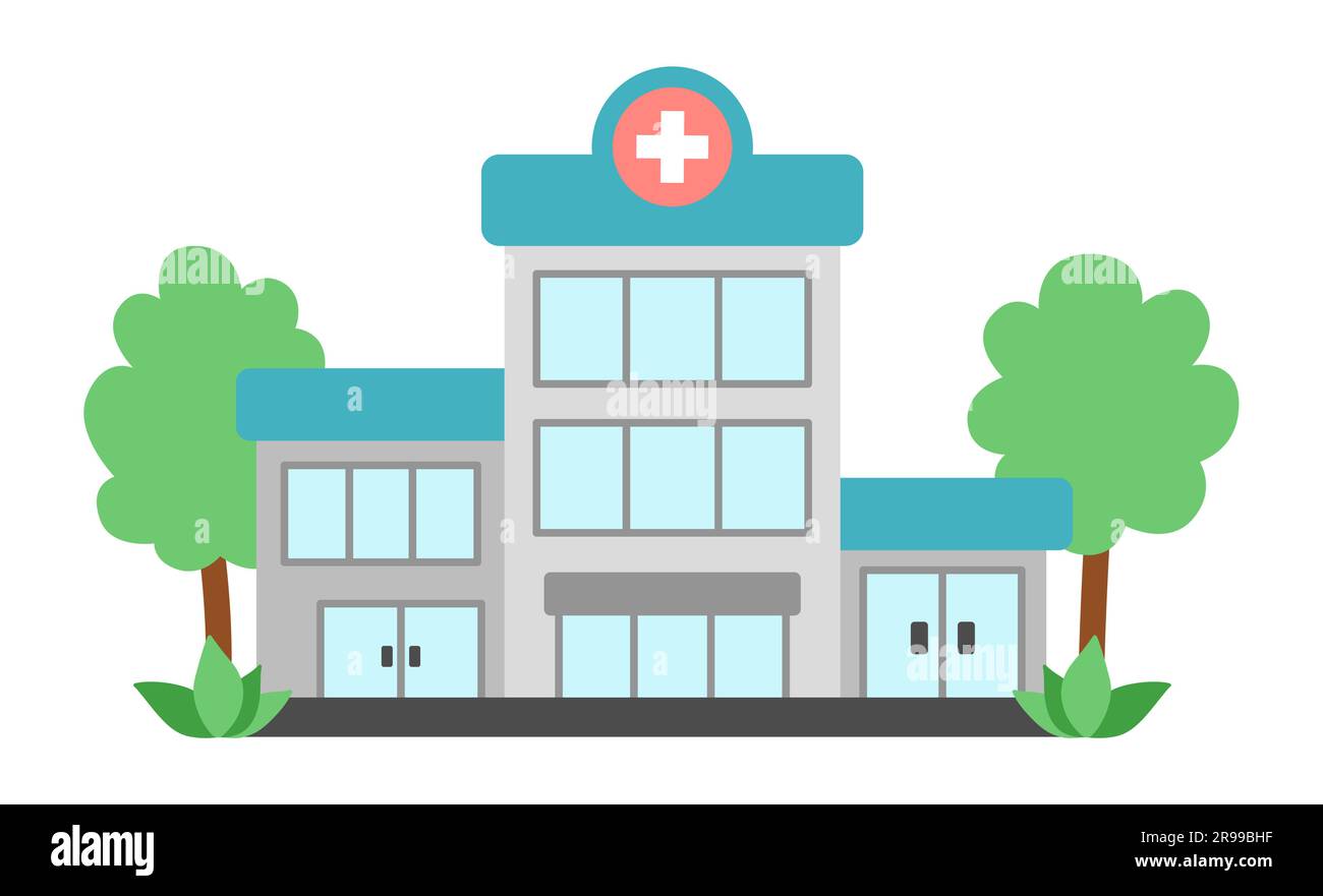 Vector hospital building icon with trees isolated on white background ...