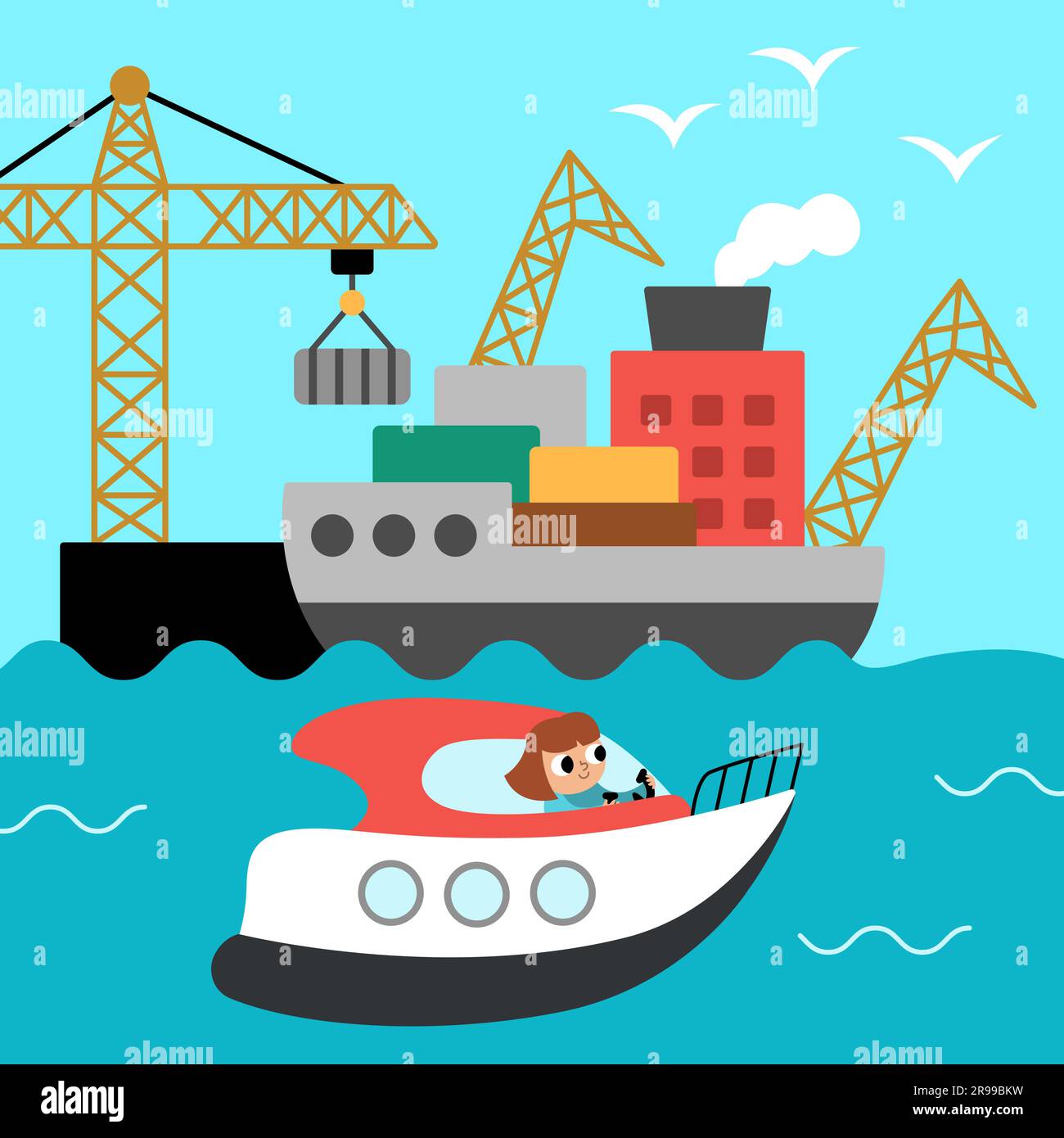 Vector square scene with girl sailing on speedboat and seaport ...