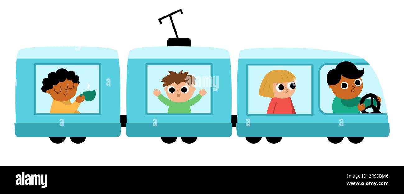 Vector blue train with driver and passengers. Funny electric ...
