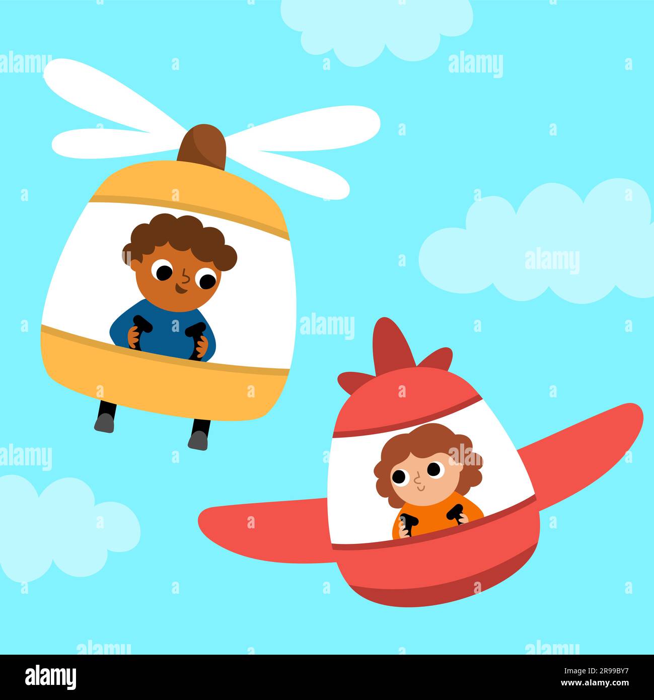 Vector square scene with girl and boy flying airplane and helicopter ...