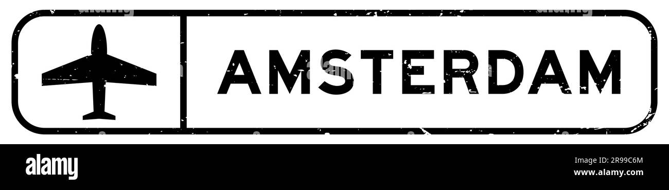 Grunge black amsterdam word with plane icon square rubber seal stamp on ...