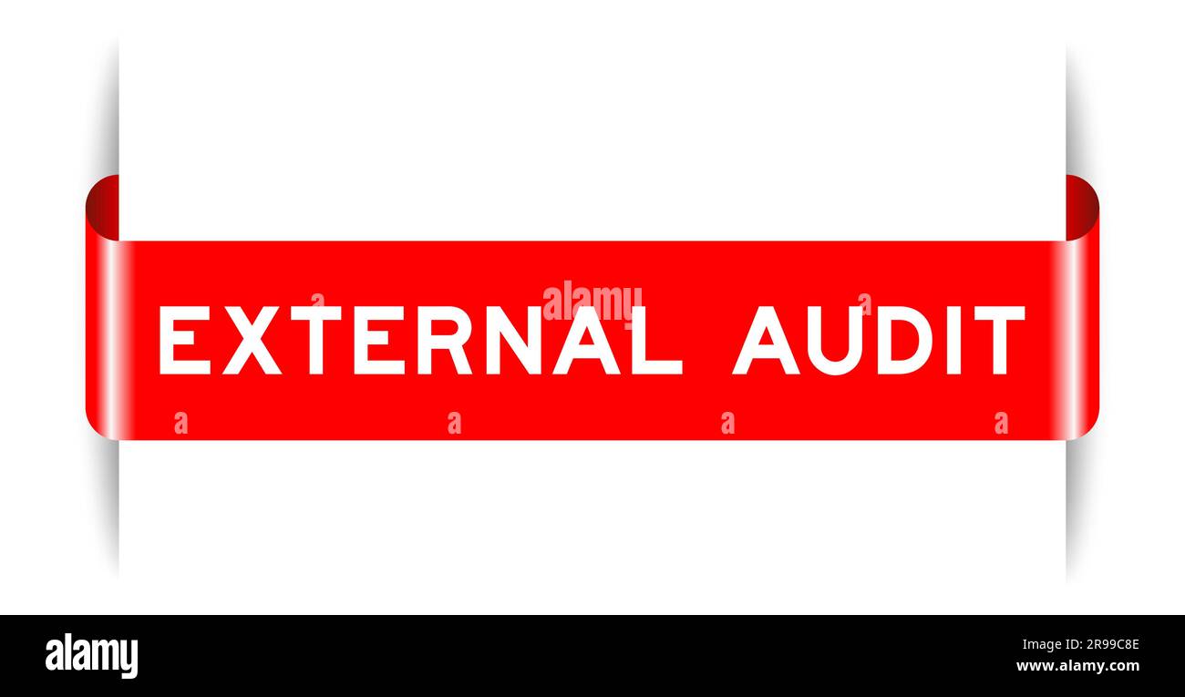 Red color inserted label banner with word external audit on white ...