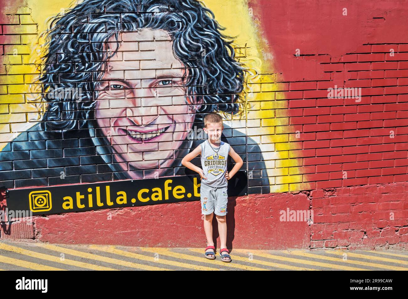 Dnipro, Ukraine - June 20, 2023: Little boy stands against the ...