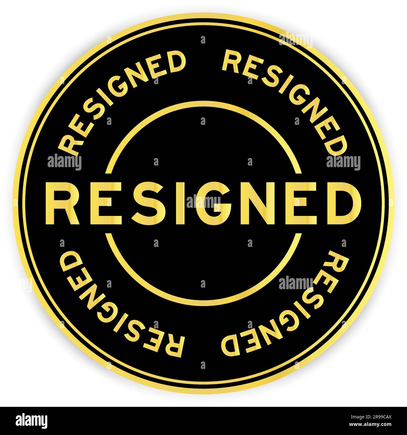 Black and gold color round label sticker with word resigned on white ...