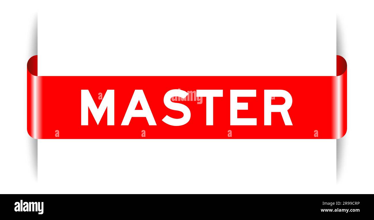 Red color inserted label banner with word master on white background ...