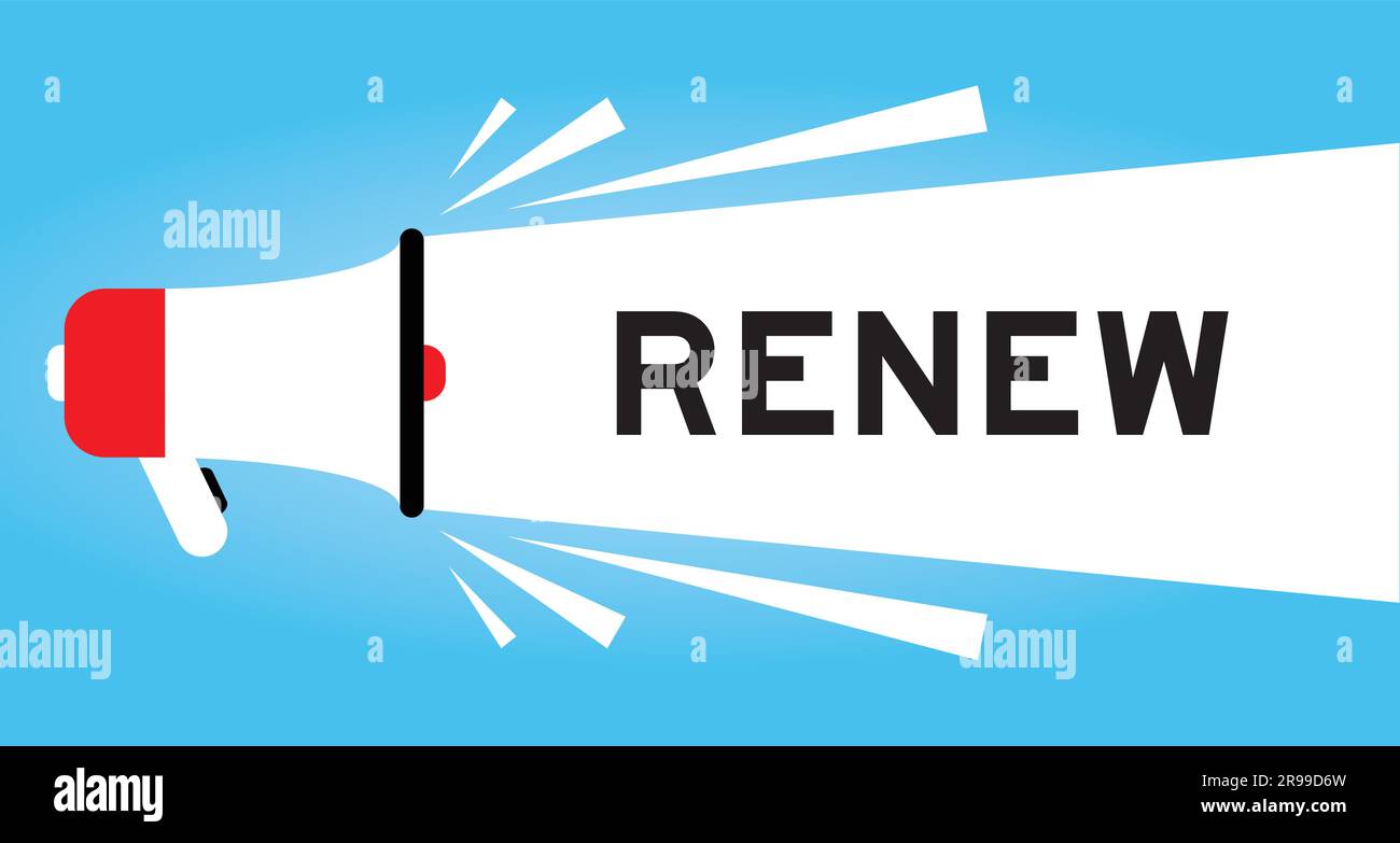 Color megaphone icon with word renew in white banner on blue background ...