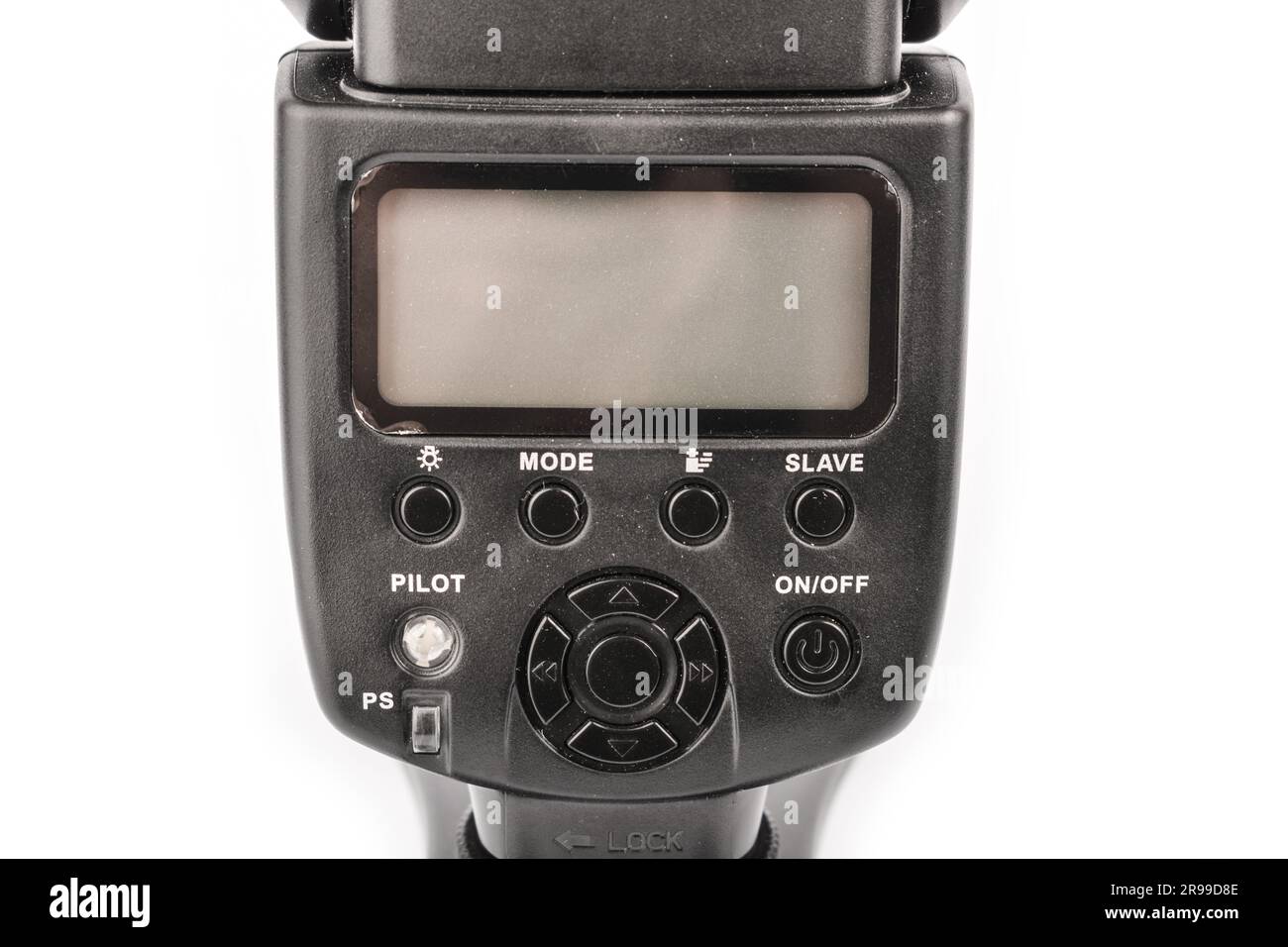 Black camera flash on the stand isolate Stock Photo - Alamy