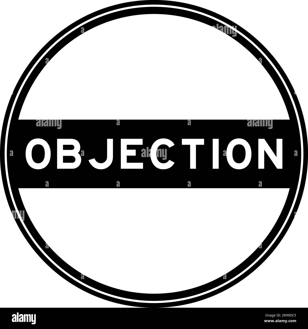 Black color round seal sticker in word objection on white background ...