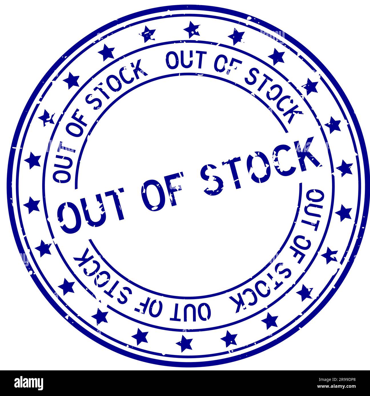 Grunge blue out of stock word with star icon round rubber seal stamp on ...
