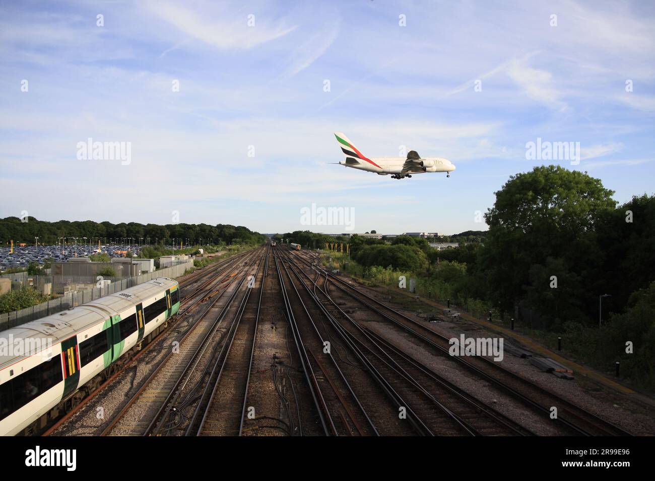 An Emirates Airbus A380 superjumbo about to land at Gatwick Airport ...