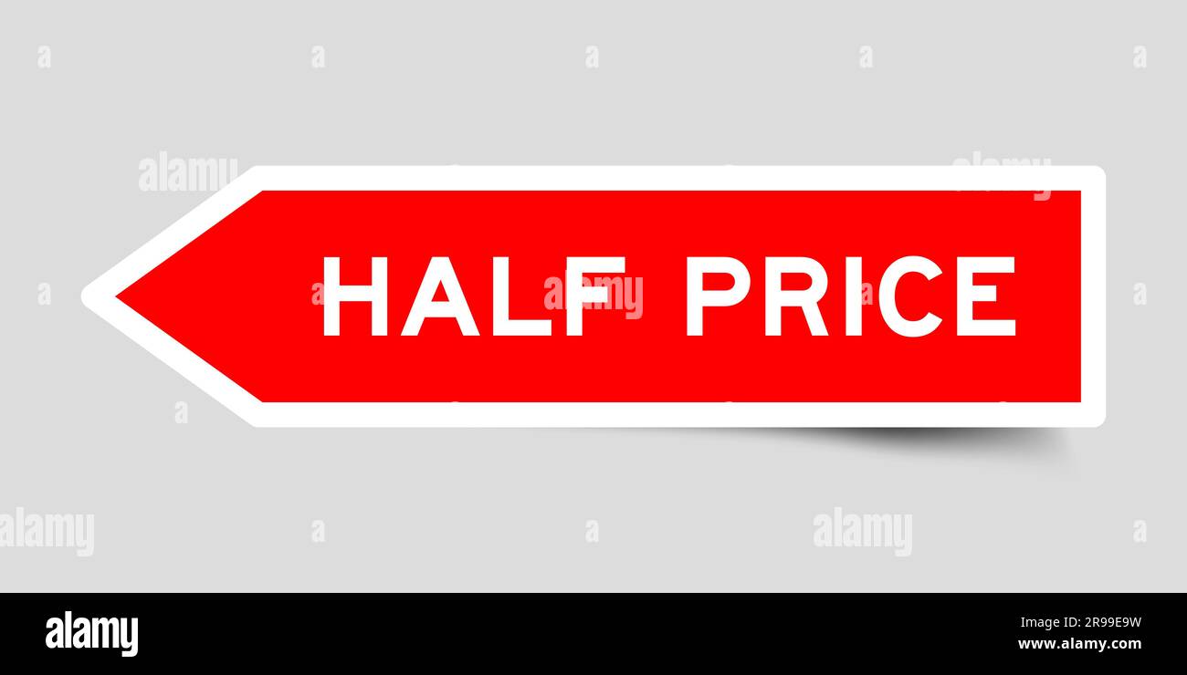 Red color arrow shape sticker label with word half price on gray ...