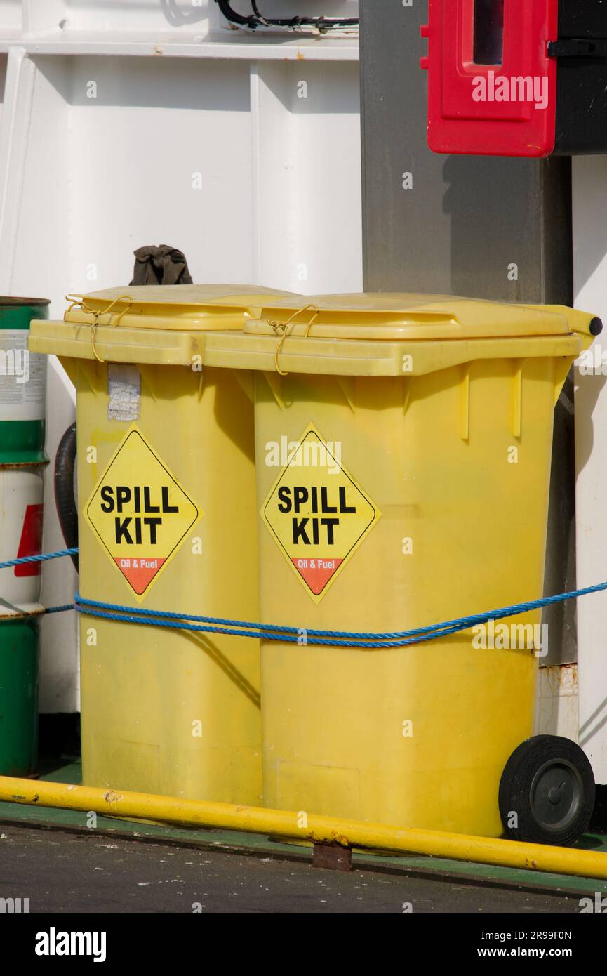 Spill kit yellow wheelie bin for health and safety of chemical, oil ...