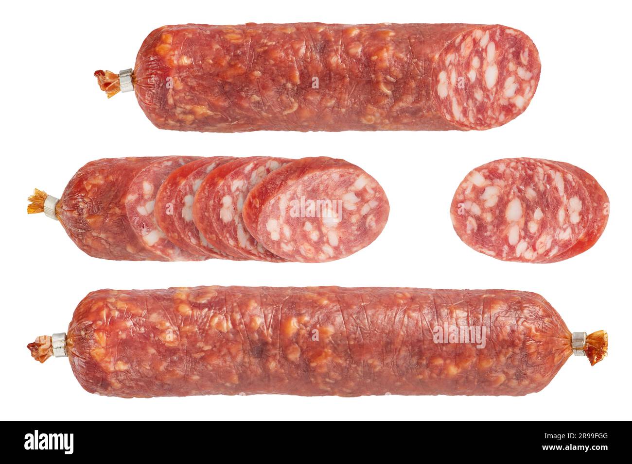 Dried sausage rolls of different cuts on a white isolated background ...